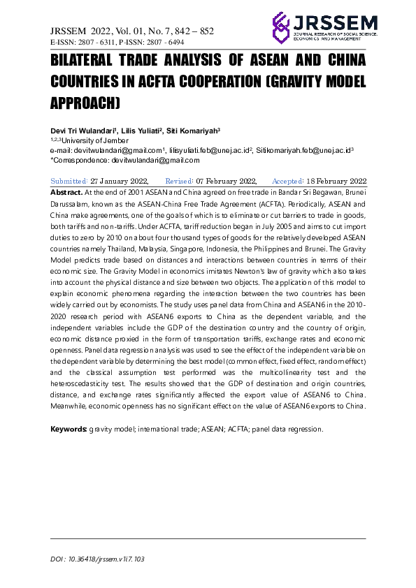 (PDF) Bilateral Trade Analysis of ASEAN and China Countries in ACFTA ...