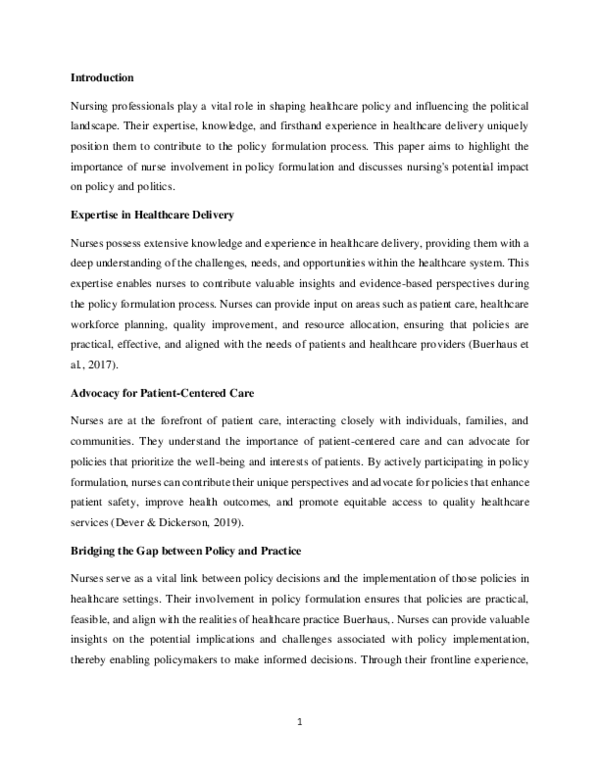 (PDF) The Importance of Nurse Involvement in Policy formulation