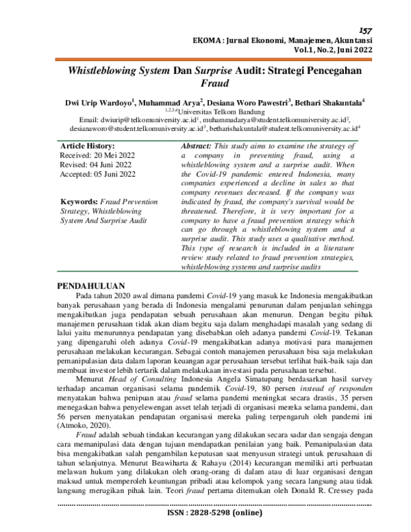 (PDF) Whistleblowing System Dan Surprise Audit: Strategi Pencegahan Fraud