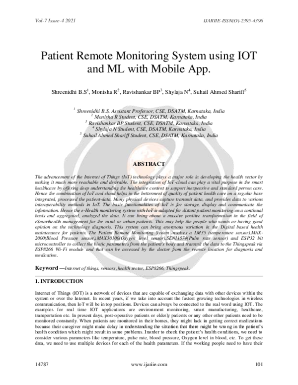 (PDF) Patient Remote Monitoring System using IOT and ML with Mobile App