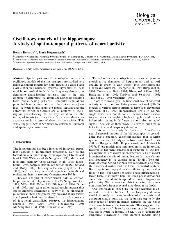 (PDF) Oscillatory models of the hippocampus: A study of spatio-temporal patterns of neural activity