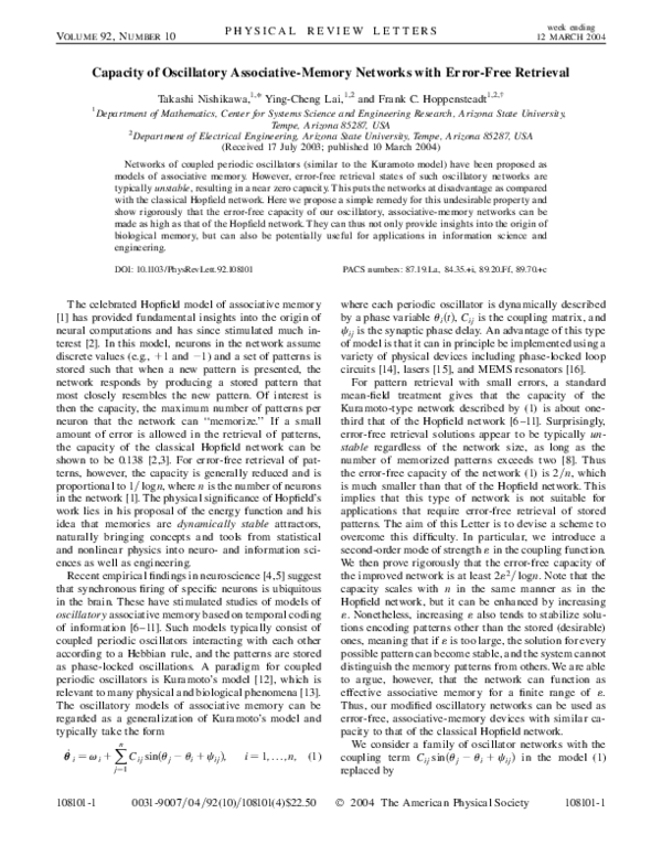 (PDF) Capacity of Oscillatory Associative-Memory Networks with Error ...