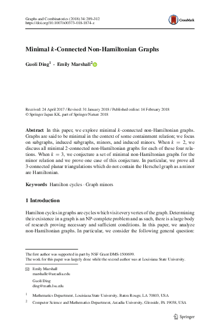 (PDF) Minimal k-Connected Non-Hamiltonian Graphs