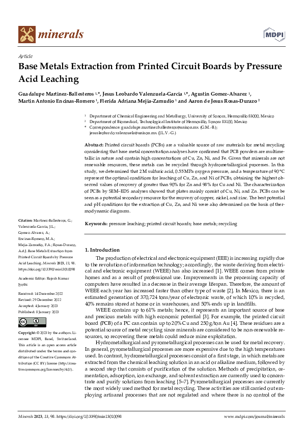 (PDF) Base Metals Extraction from Printed Circuit Boards by Pressure ...