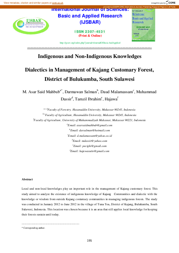 (PDF) Indigenous and Non-Indigenous Knowledges Dialectics in Management of Kajang Customary ...