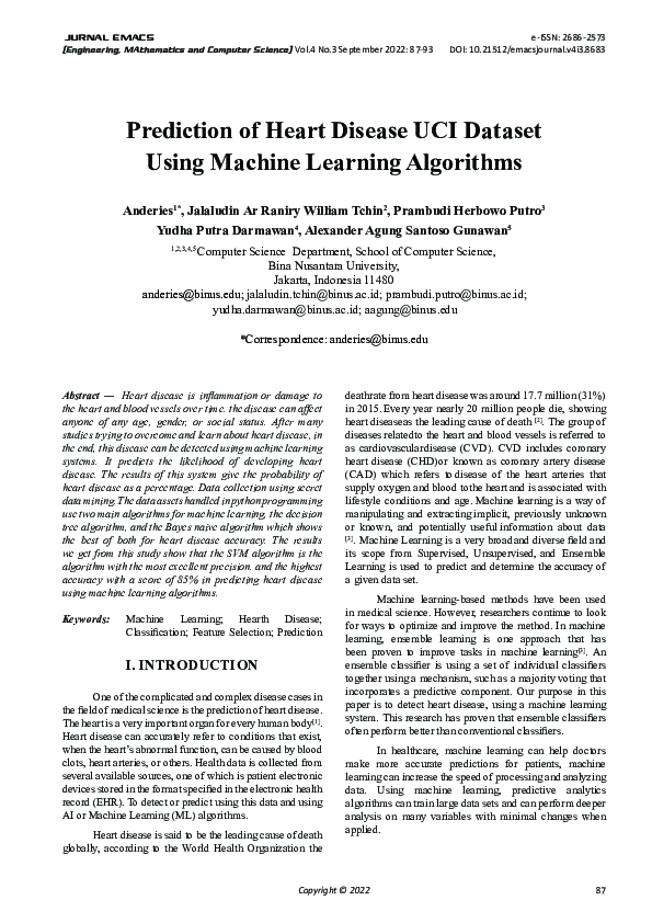 (PDF) Prediction of Heart Disease UCI Dataset Using Machine Learning Algorithms | Yudha Putra ...
