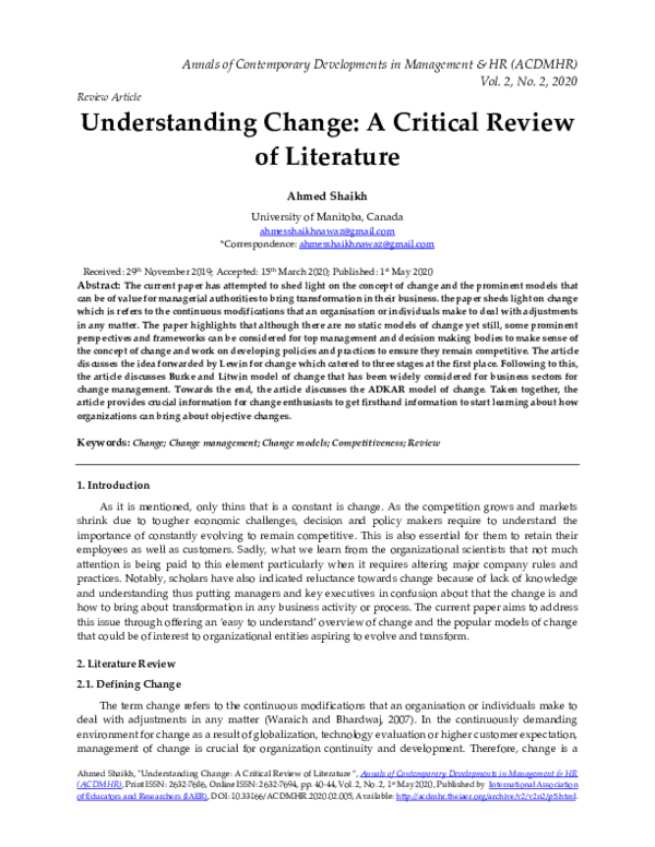 (PDF) Understanding Change: A Critical Review of Literature