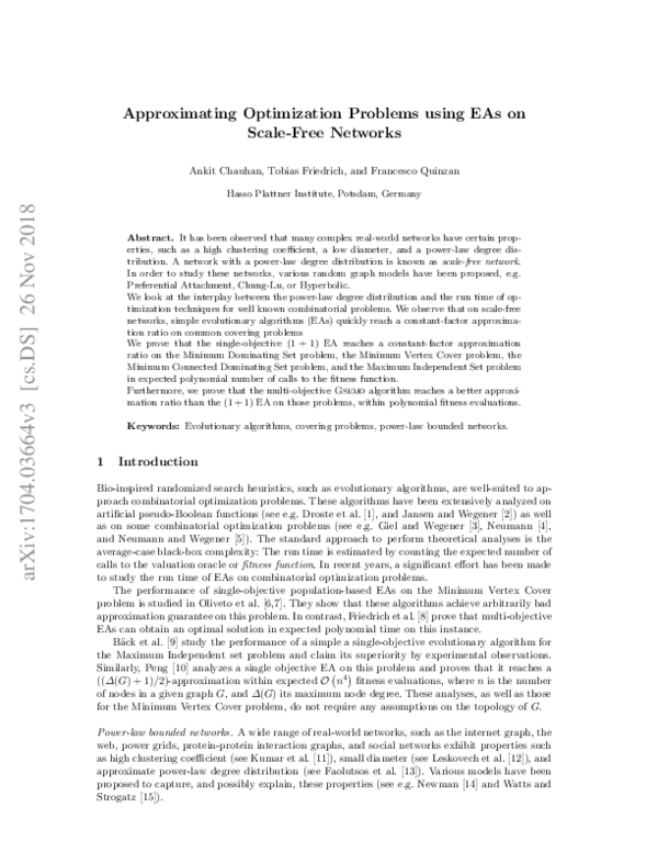 (PDF) Approximating optimization problems using EAs on scale-free networks | Ankit chauhan ...