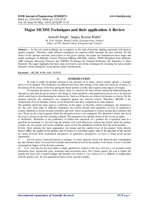 (PDF) Major MCDM Techniques and their application-A Review