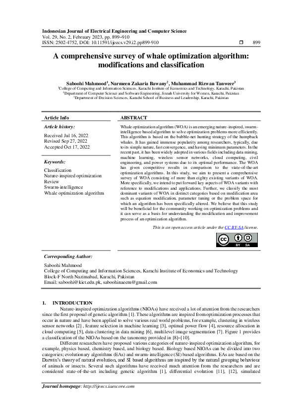 (PDF) A comprehensive survey of whale optimization algorithm: modifications and classification