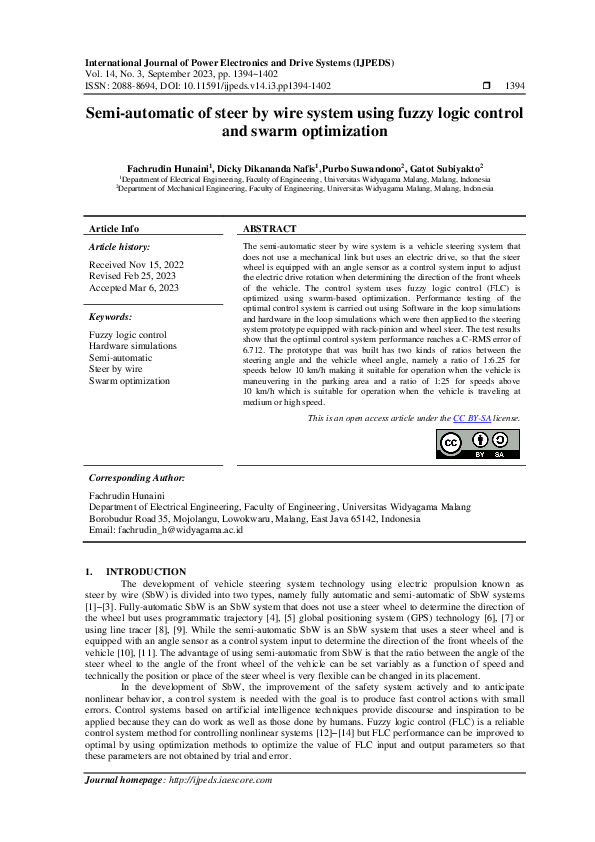 (PDF) Semi-automatic of steer by wire system using fuzzy logic control and swarm optimization