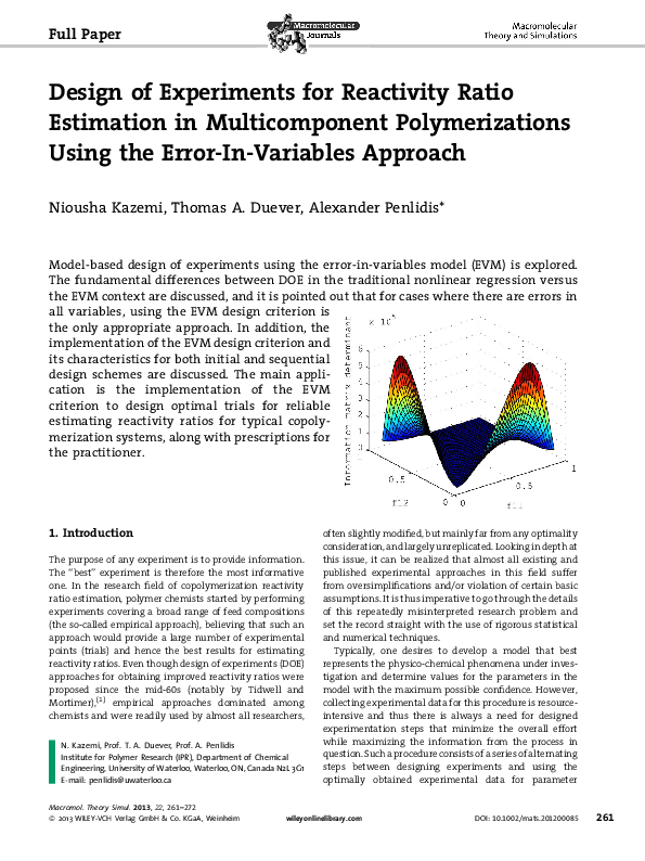 (PDF) Design of Experiments for Reactivity Ratio Estimation in ...