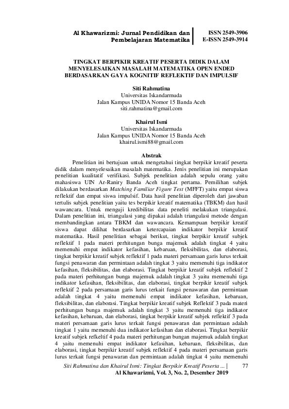 (PDF) Tingkat Berpikir Kreatif Peserta Didik Dalam Menyelesaikan Masalah Matematika Open Ended ...