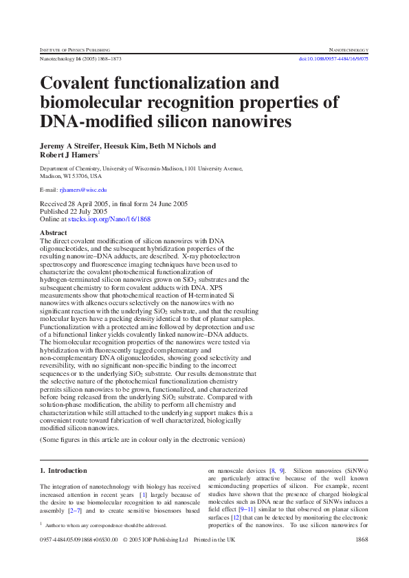 (PDF) DNA-Modified Silicon Nanowires for Biomolecular Recognition
