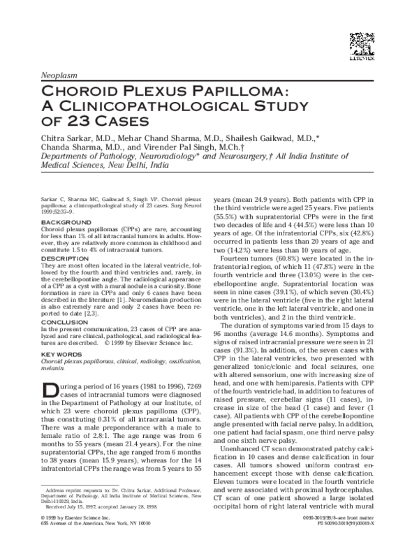 (PDF) Choroid plexus papilloma: a clinicopathological study of 23 cases