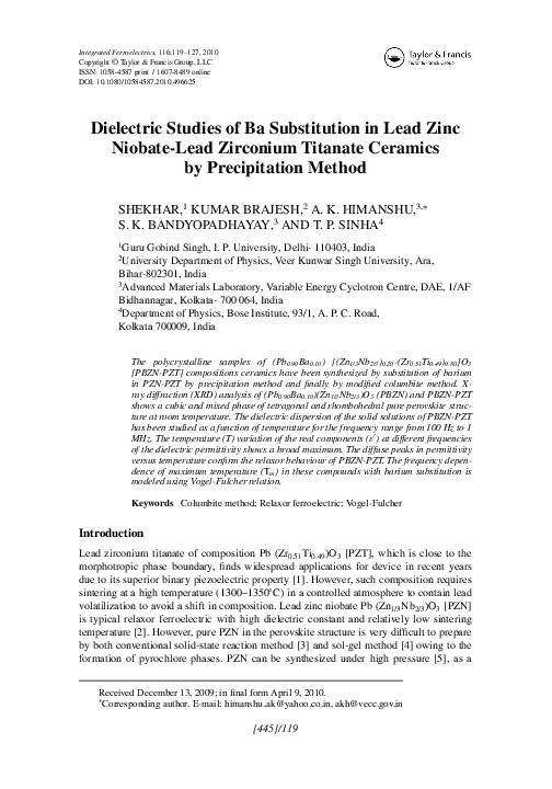 (PDF) Dielectric Studies of Ba Substitution in Lead Zinc Niobate-Lead ...