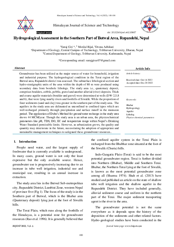 (PDF) Hydrogeological Assessment in The Southern Part of Butwal Area ...