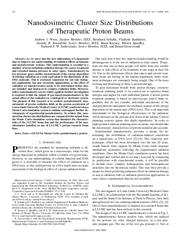 (PDF) Nanodosimetric cluster size distributions of therapeutic proton beams