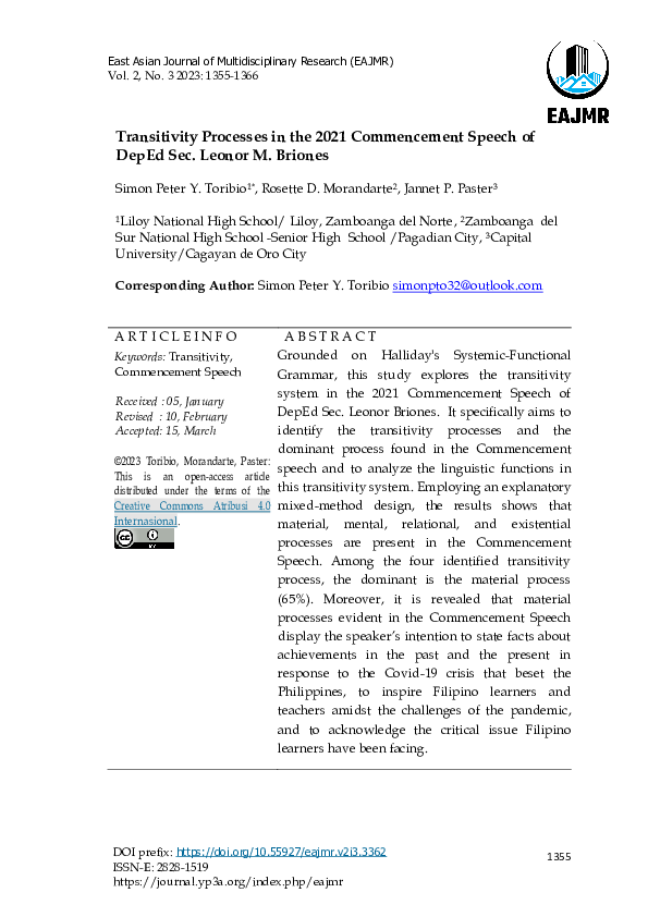 (PDF) Transitivity processes in the 2021 Commencement Speech of DepEd Sec. Leonor M. Briones