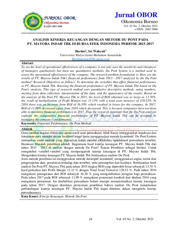 (PDF) Analisis Kinerja Keuangan Dengan Metode Du Pont Pada Pt. Mayora Indah TBK DI Bursa Efek ...