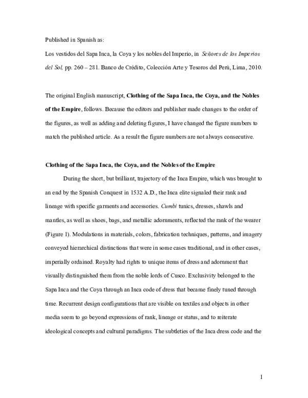 (DOC) Clothing of the Sapa Inca the Coya and the Nobles of the Empire