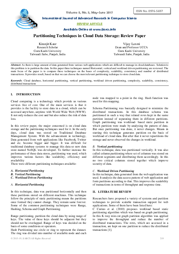 (PDF) Partitioning Techniques in Cloud Data Storage: Review Paper