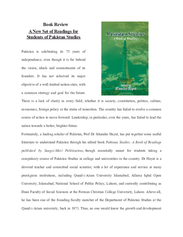 (DOC) A New Set of Readings for Students of Pakistan Studies
