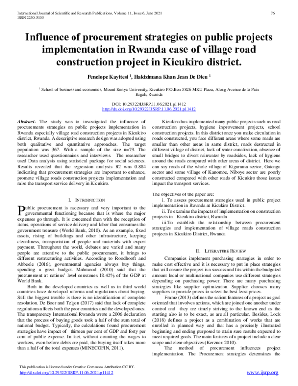 (PDF) Influence of procurement strategies on public projects implementation in Rwanda case of ...