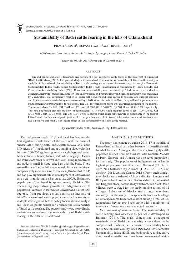 (PDF) Sustainability of Badri cattle rearing in the hills of Uttarakhand