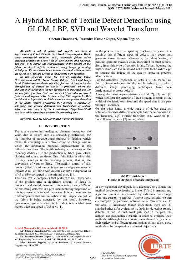 (PDF) A Hybrid Method of Textile Defect Detection using GLCM, LBP, SVD and Wavelet Transform