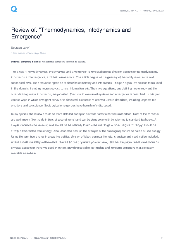 (PDF) Review of: "Thermodynamics, Infodynamics and Emergence