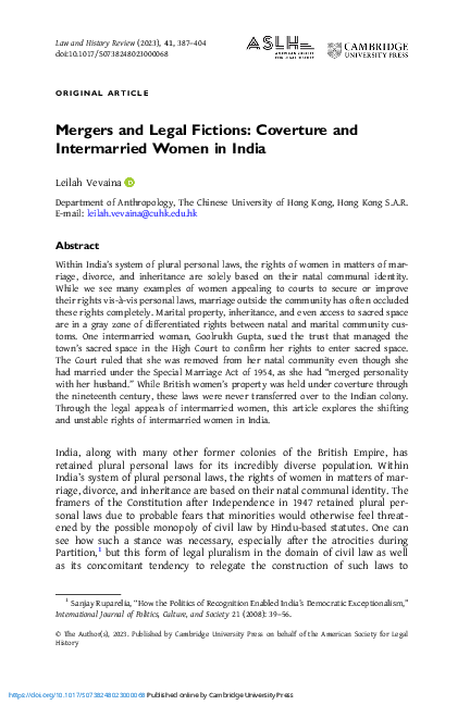 (PDF) Mergers and Legal Fictions: Coverture and Intermarried Women in India