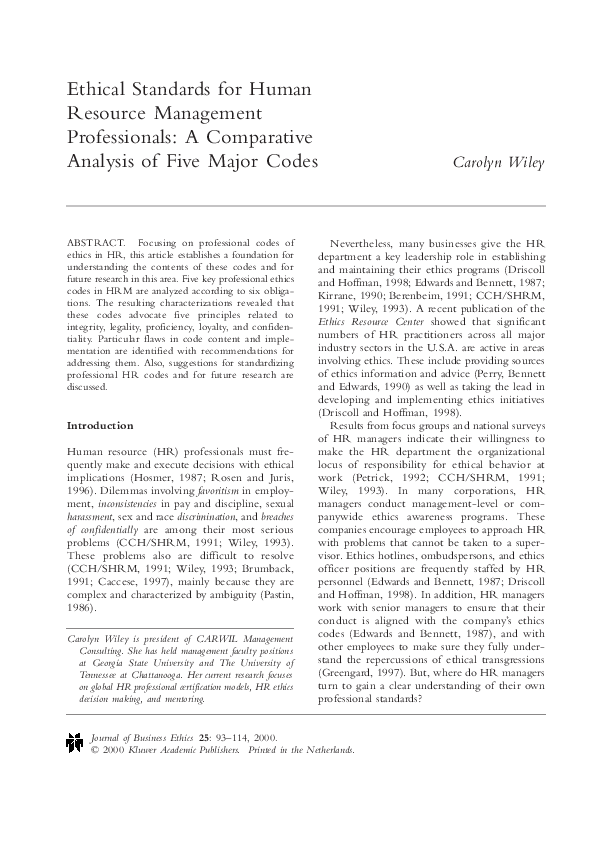 (PDF) Ethical Standards for Human Resource Management Professionals: A ...