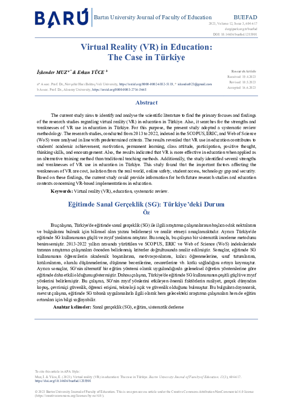 (PDF) Virtual Reality (VR) in Education: The Case in Türkiye