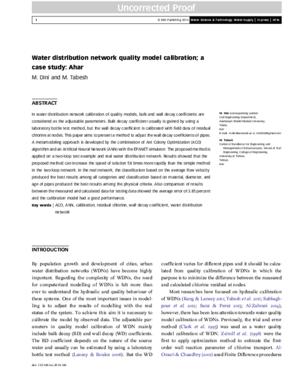 (PDF) Water distribution network quality model calibration: a case study – Ahar