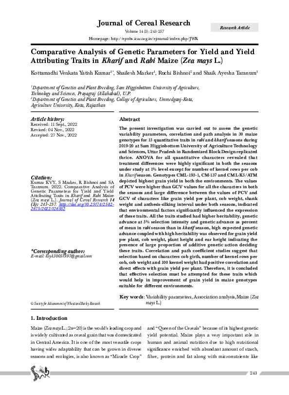Pdf Comparative Analysis Of Genetic Parameters For Yield And Yield Attributing Traits In