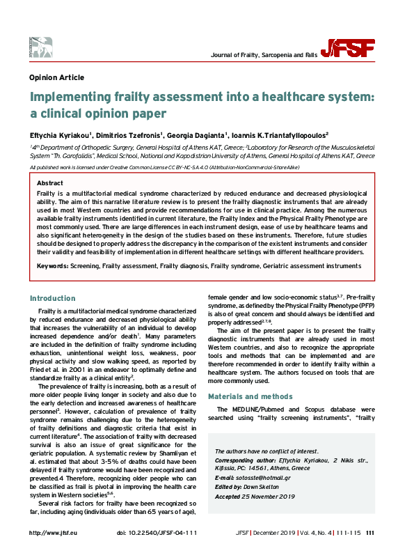 (PDF) Implementing frailty assessment into a healthcare system: a clinical opinion paper