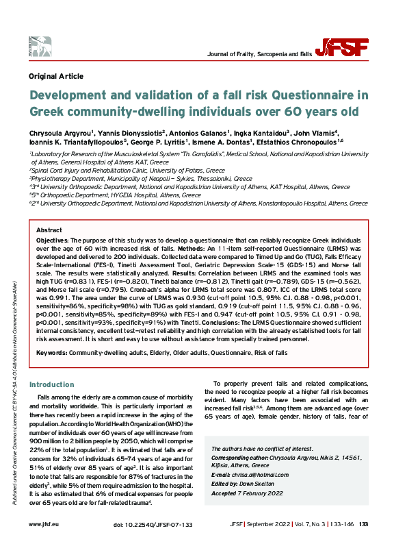 (PDF) Development and validation of a fall risk Questionnaire in Greek ...