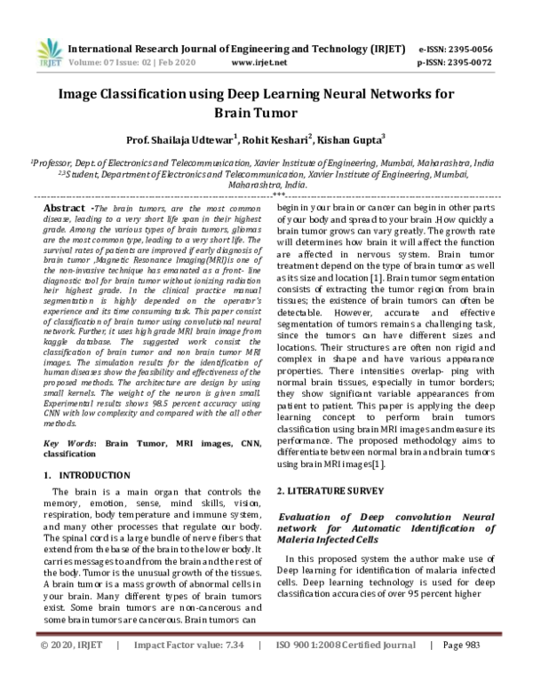 (PDF) Image Classification using Deep Learning Neural Networks for Brain Tumor