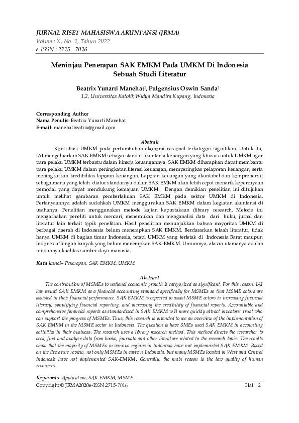 (PDF) Meninjau Penerapan Sak Emkm Pada Umkm DI Indonesia