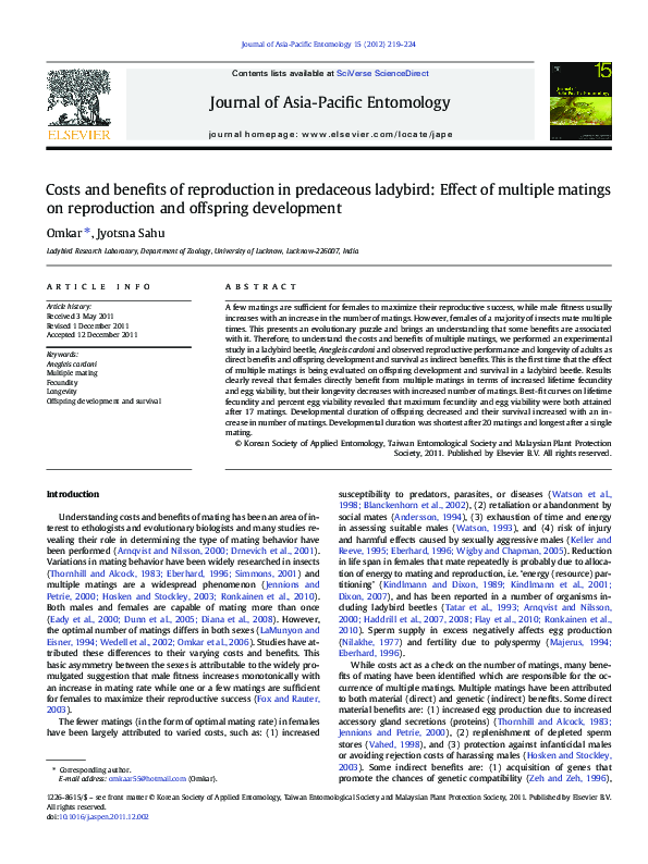 (PDF) Costs and benefits of reproduction in predaceous ladybird: Effect ...
