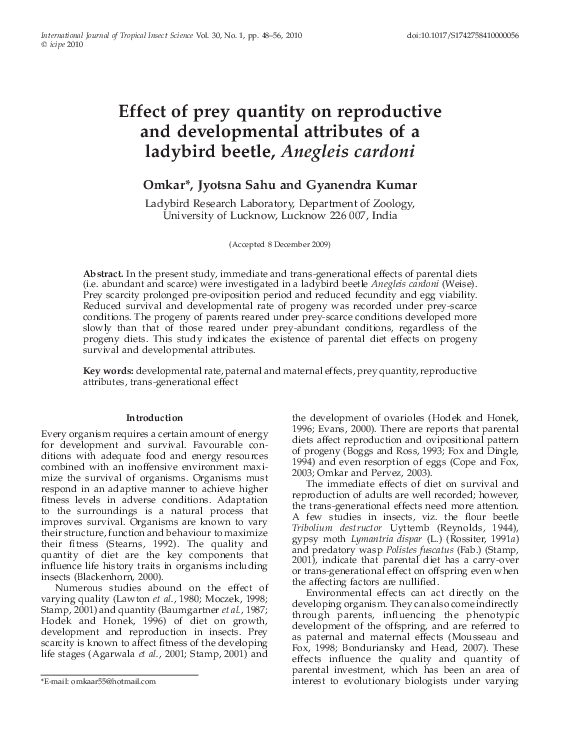 (PDF) Effect of prey quantity on reproductive and developmental ...