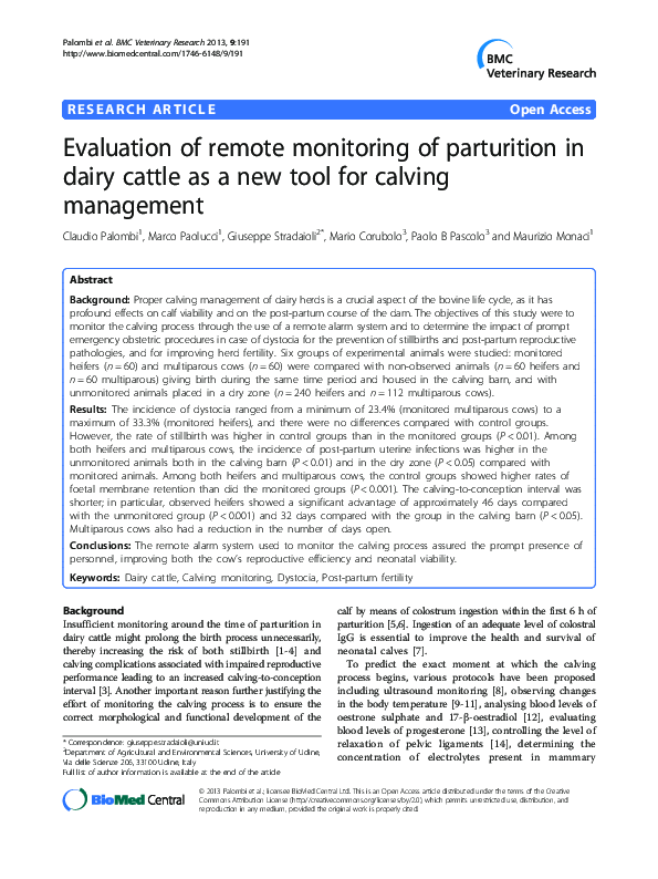 (PDF) Evaluation of remote monitoring of parturition in dairy cattle as a new tool for calving ...