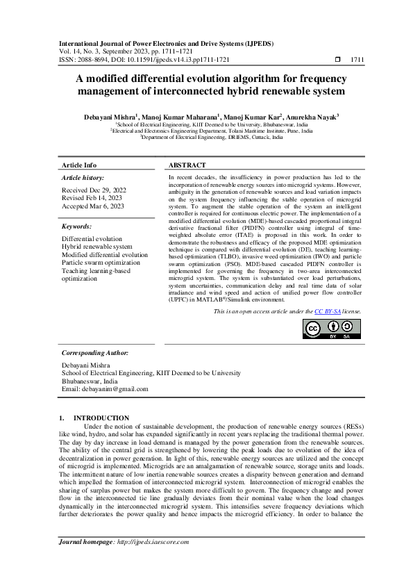 Pdf A Modified Differential Evolution Algorithm For Frequency Management Of Interconnected