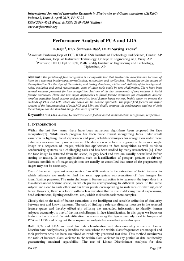 (PDF) Performance Analysis of PCA and LDA
