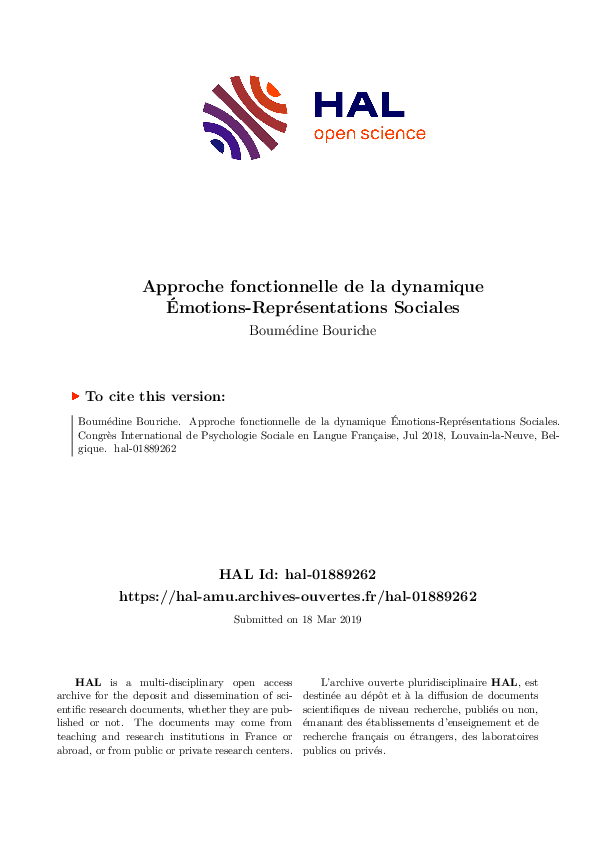 (PDF) Approche fonctionnelle de la dynamique Émotions-Représentations ...