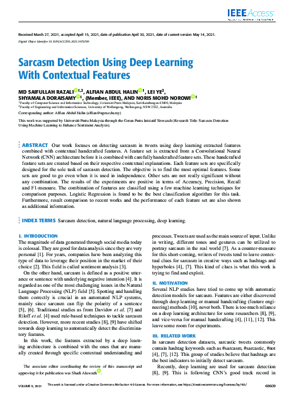 Pdf Sarcasm Detection Using Deep Learning With Contextual Features