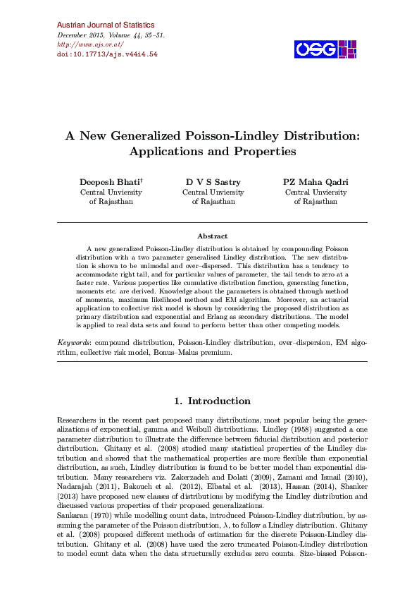 (PDF) A New Generalized Poisson-Lindley Distribution: Applications and ...