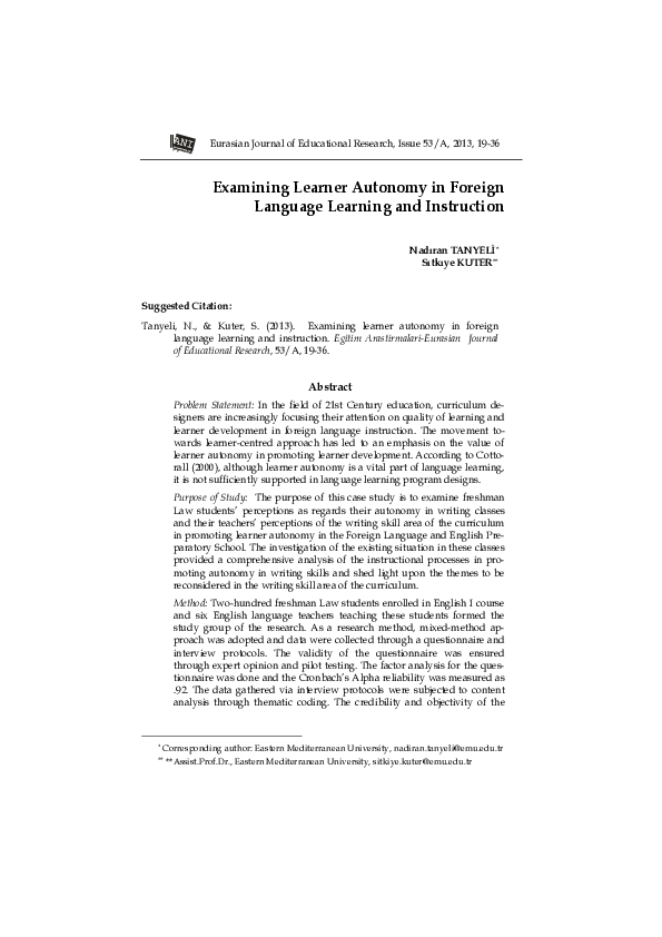 (PDF) Examining Learner Autonomy in Foreign Language Learning and Instruction | Sitkiye Kuter ...