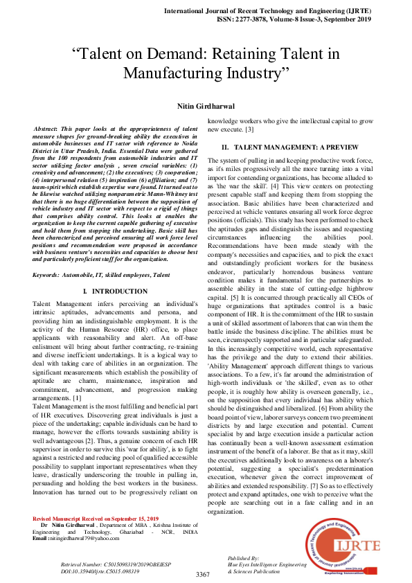 (PDF) “Talent on Demand: Retaining Talent in Manufacturing Industry”